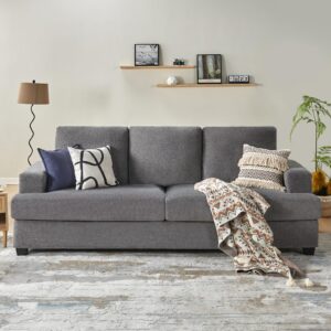 merluxy sofa, 97 inch deep seat sofa in grey chenille, 3 seater sofa with square armrest, modern couch for living room, apartment