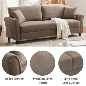 mikibama 85 Inches Mid-Century Modern Couch 3 Seater Long Sofa with 2 Throw Pillows Linen Fabric Upholstered Sofa with Rolled Armrest for Living Room, Bedroom (Light Brown)