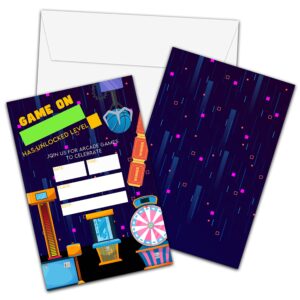 arcade birthday invitations with envelopes - game on party invitation card - arcade video games themed fill-in invites cards - neon glow gaming party celebration(20 pack) -10