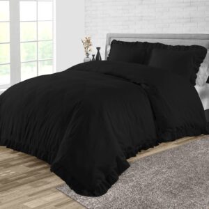 dee's collection 3 piece set duvet cover twin/twin xl size black trimmed ruffle ultra soft brushed microfiber premium soft & breathable luxurious with zipper closure & corner ties easy care