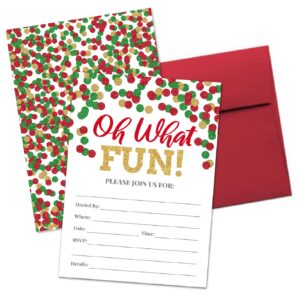 20 holiday party invitations oh what fun with red, green and gold dots, (not real glitter) christmas eve, office, church, bridal or baby shower, friend, family or neighbor season events