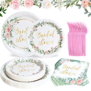 qifu bridal shower decorations party tableware - pink and gold floral paper plates,dessert plates,napkins and forks sets for 24 guests, celebrate the bride-to-be bachelorette party supplies