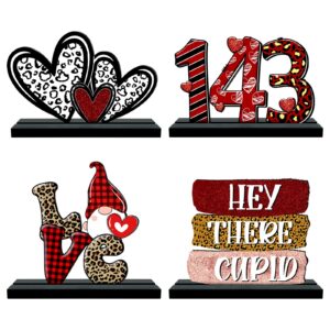 clothmile 4 pieces valentine's day wooden heart sign hey there couple kiss love wood blocks for happy valentine's day party table desk home decoration wedding decor (valentine 143)