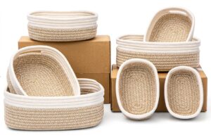 hlwdflz 7 piece cotton rope woven basket set - woven storage basket pets toy cotton rope basket for organizing, small basket for montessori, dog cat toy box, baby nursery (off white/brown)