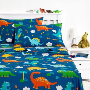 wake in cloud - dinosaur bed sheets for boys, 100% cotton, 4-piece sheet set kids, cute jurassic dinosaur velociraptor animal pattern printed bedding, deep pocket, navy, full size