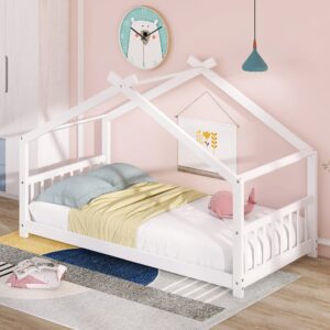 merax twin wood low house bed with headboard and footboard floor bed frame for boys,girls, easy assembly (twin, white)