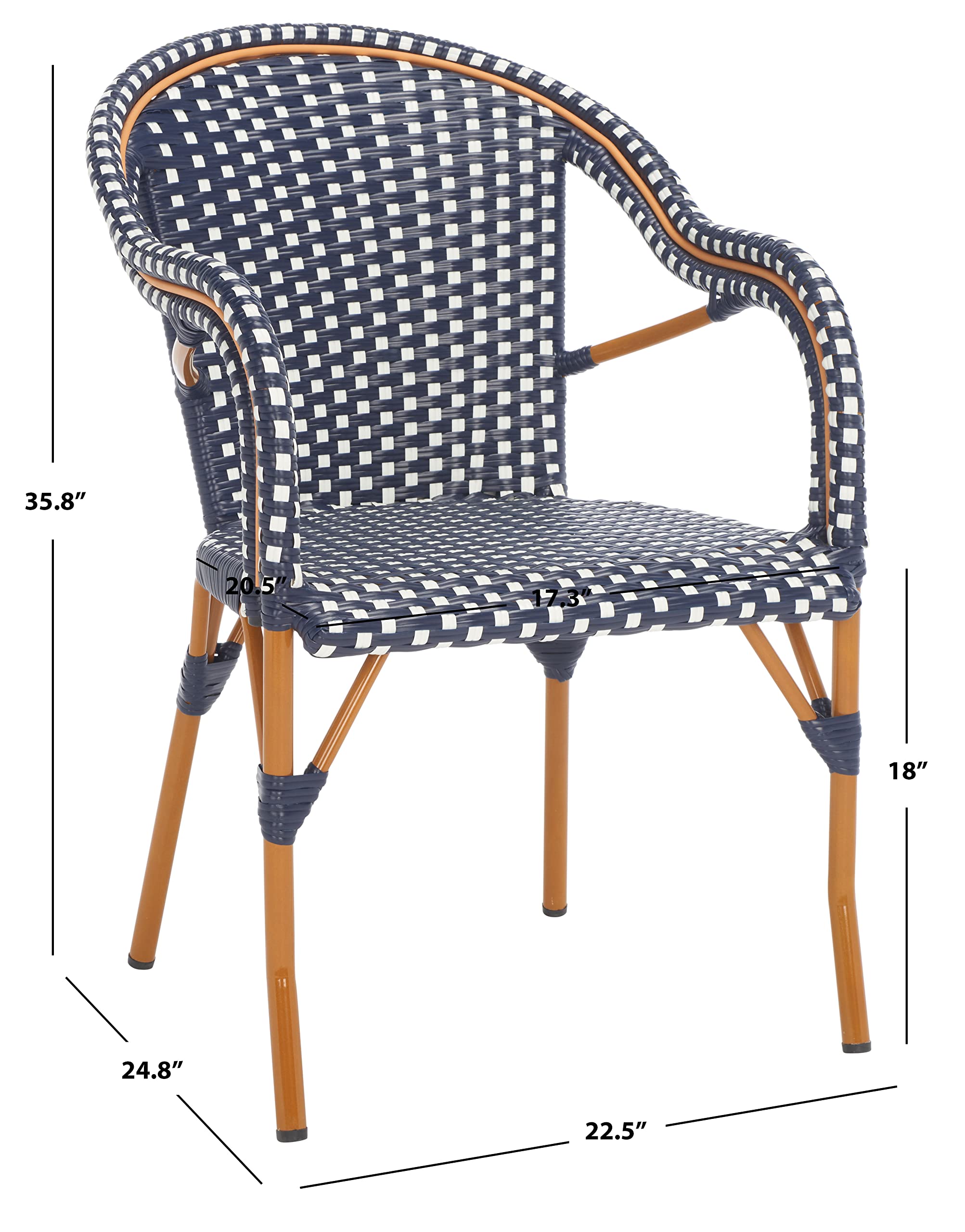 SAFAVIEH Outdoor Collection California Navy/White 18-inch Bistro Arm Chair Set of 2 (Fully Assembled)