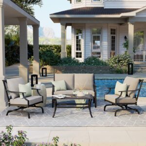 grand patio outdoor 4-piece patio furniture set conversation set with olefin cushions 2 rocking motion chairs 1 fixed loveseat glass coffee table, dark gray