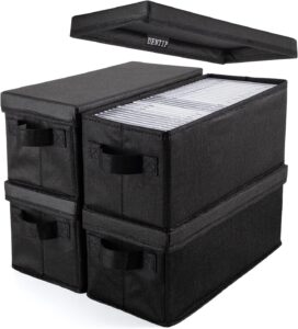 uentip cd storage boxes - pack of 4 cd case storage - 13.2" x 5.9" x 5.3", container holds 30 cds in full jewel cases, 60 cds in slim cases, and 165 discs in cd sleeves - black (4pack-black)