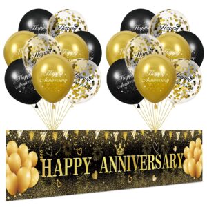 black gold wedding anniversary decoration, black gold happy anniversary yard banner and 18pcs happy anniversary latex balloons for black gold wedding anniversary birthday party decorations