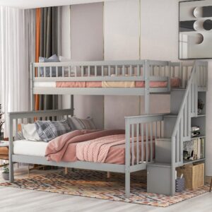 polibi twin over full stairway bunk bed, solid wood bunk bed with storage shelves， no spring box needed, grey