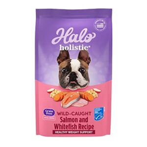 halo purely for pets holistic dog food, complete digestive health wild-caught salmon and whitefish recipe, dry dog food bag, small breed formula, 3.5-lb bag