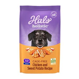 halo purely for pets holistic dog food, complete digestive health grain free cage-free chicken and sweet potato recipe, dry dog food bag, senior formula, 10-lb bag