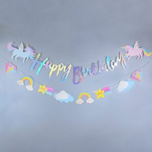 unicorn happy birthday banner with sparkle gold glitter for girls and boys cartoon clouds stars rainbow birthday decorations baby shower banner unicorn themed party supplies