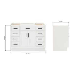 DKB Isabella Bathroom Vanity Base Cabinet 48" White, Single Sink Configuration, 2 Soft Closing Doors, 9 Full Extension Dovetail Drawers, Toe Kick, Matte Black