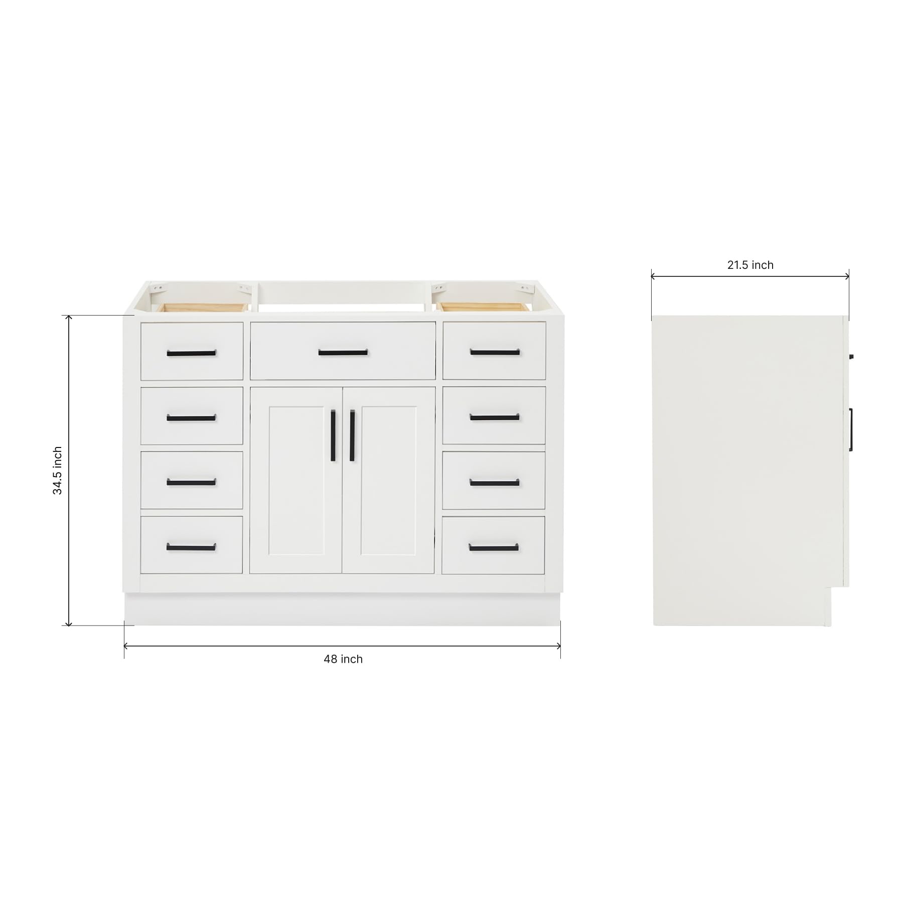 DKB Isabella Bathroom Vanity Base Cabinet 48" White, Single Sink Configuration, 2 Soft Closing Doors, 9 Full Extension Dovetail Drawers, Toe Kick, Matte Black