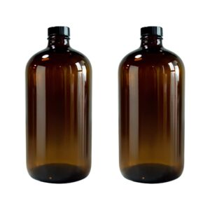 gpk4all 32oz 946ml amber boston round bottle with 28-400 black poly cone phenolic caps, pack of 2