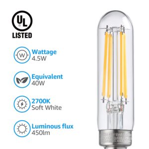 TORCHSTAR T6 LED Bulb, Dimmable Tubular Light Bulb 40 Watt, E12 Candelabra Bulb, 450lm, UL Listed, Edison Filament Light Bulbs for Chandelier, Ceiling Fan, Clear Glass, 2700K Soft White, Pack of 6