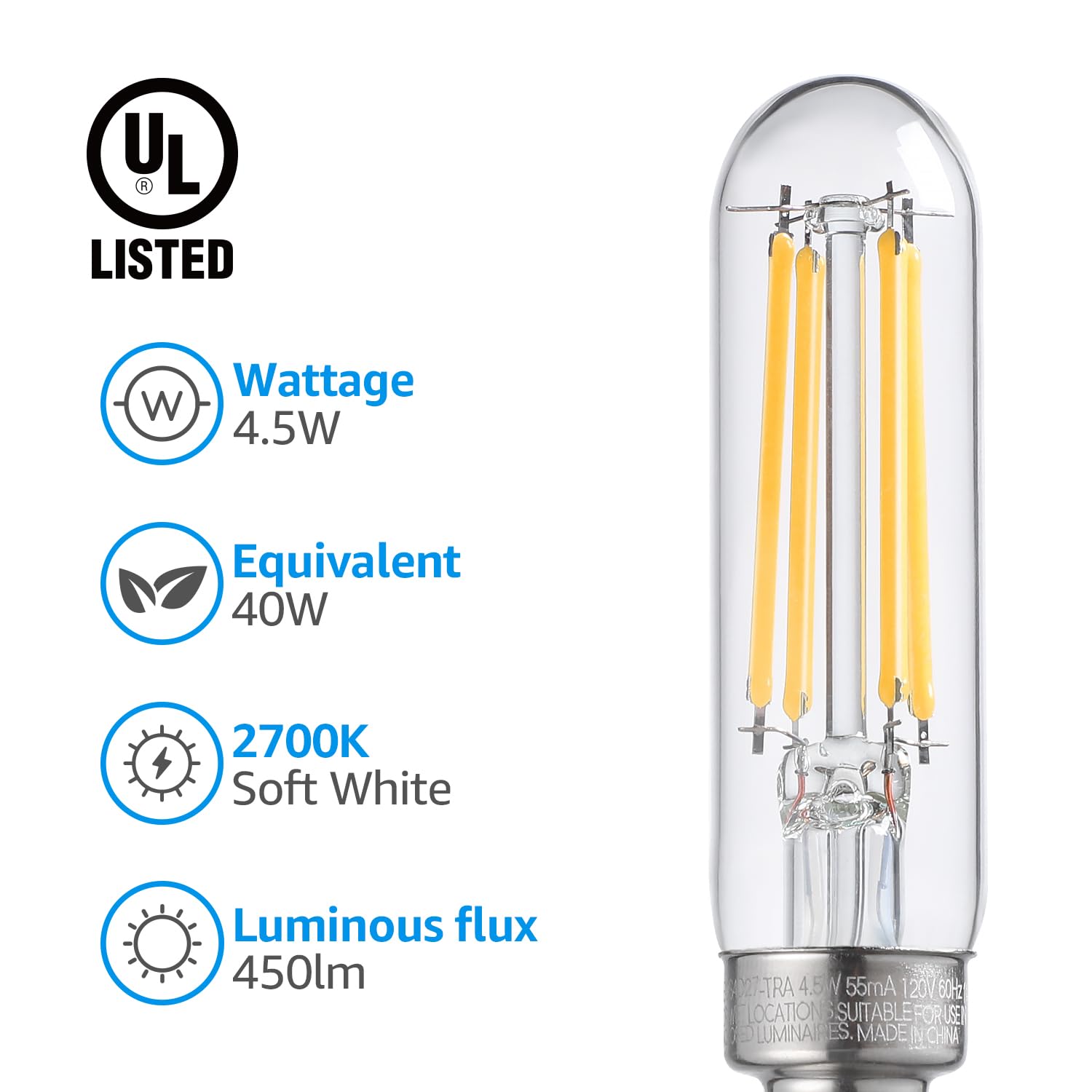 TORCHSTAR T6 LED Bulb, Dimmable Tubular Light Bulb 40 Watt, E12 Candelabra Bulb, 450lm, UL Listed, Edison Filament Light Bulbs for Chandelier, Ceiling Fan, Clear Glass, 2700K Soft White, Pack of 6