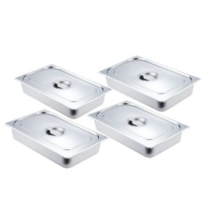 wilprep 4 pack full size hotel pan, 4" deep steam table pan with lid 21" l x 12.8" w, commercial stainless steel anti jam 14qt hotel pans with lids