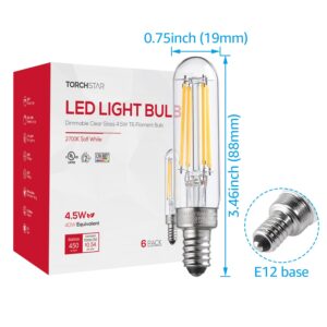 TORCHSTAR T6 LED Bulb, Dimmable Tubular Light Bulb 40 Watt, E12 Candelabra Bulb, 450lm, UL Listed, Edison Filament Light Bulbs for Chandelier, Ceiling Fan, Clear Glass, 2700K Soft White, Pack of 6