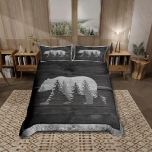 castle fairy lodge cabin duvet cover gray bear pine tree silhouette pattern comforter cover with 2 pillowcases wild animal western jungle style bedding set for teens adults king size 3 pieces