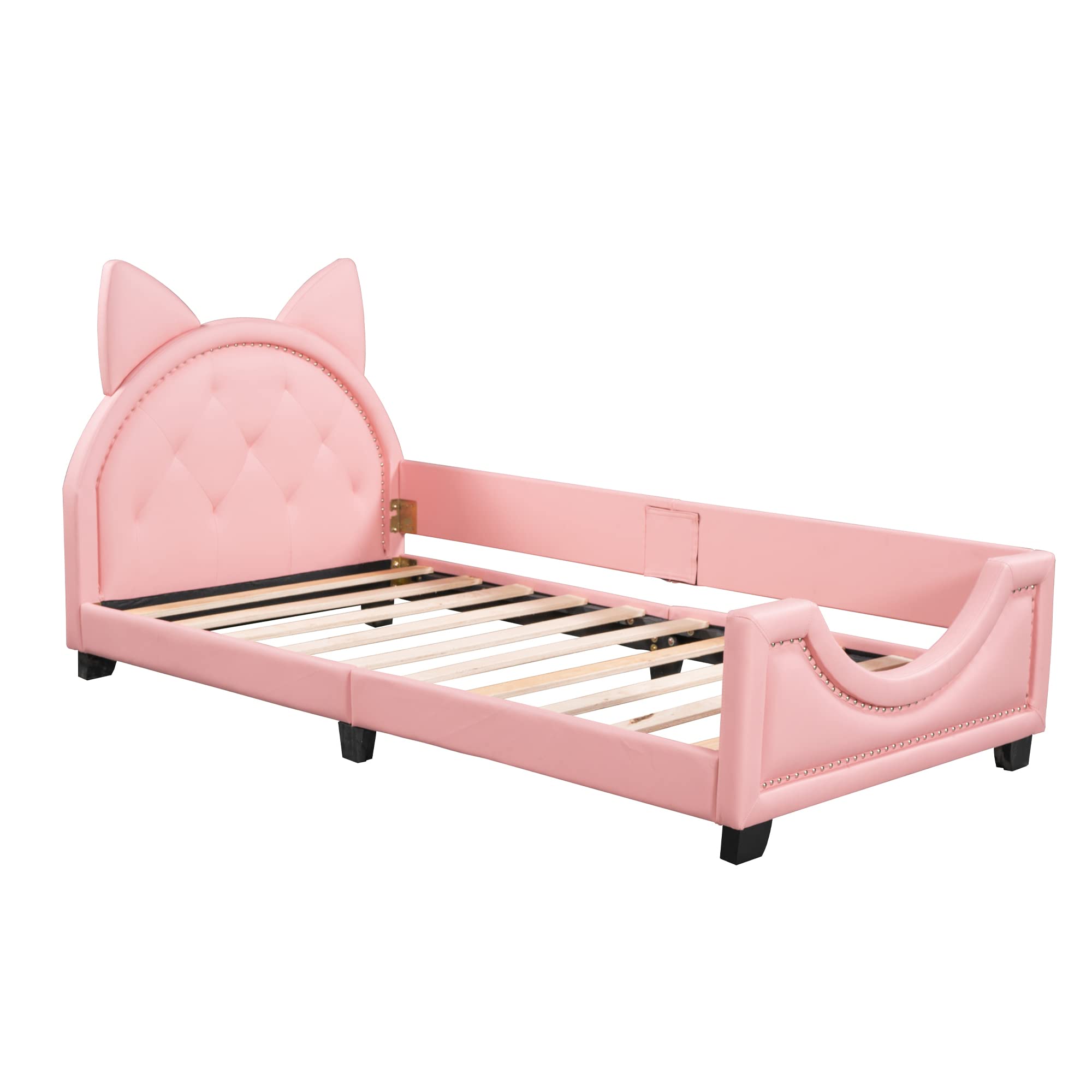 Aiuyesuo Leather Upholstered Tufted Daybed with Carton Ears Shaped Headboard, Wooden Twin Size Low Profile Captain's Sofa Bed Frame for Kids Boys Girls Bedroom, Living Room (Pink-TH1123)