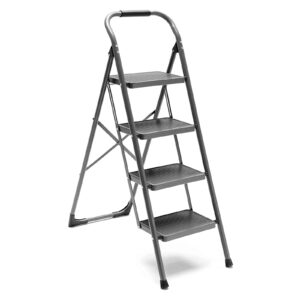 4 step ladder, alohappy folding step stool with wide anti-slip pedal, 500 lbs sturdy steel ladder with handgrip, lightweight portable steel step stool for household, kitchen, office step ladder (grey)