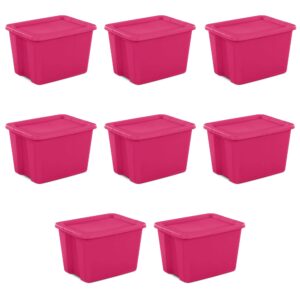 ouyoo plastic storage bin 18 gallon storage tote organizing container with durable lid , stackable and nestable, great for garage storage, office supplies, clothes, moving boxes, 8 pack（fuchsia ）