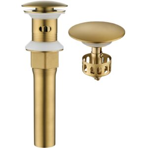 kaiying pop up drain, bathroom sink drain stopper with overflow, vessel sink drain assembly with detachable basket stopper, anti-explosion and anti-clogging drain strainer (brushed brass)