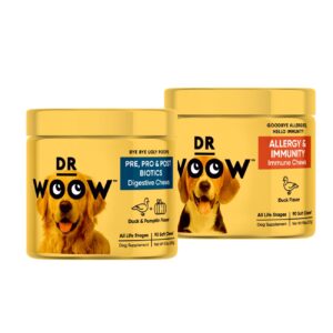 dr woow probiotics for dogs + allergy support soft chew supplement bundle - prebiotics, digestive enzymes, salmon oil & omega 3 fish oil, itch relief for dogs, hot spots and postbiotic for dogs