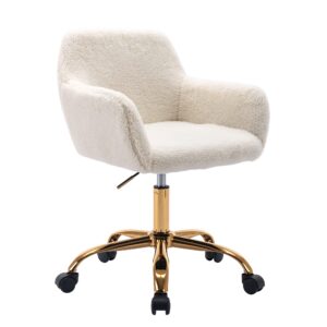 kcc faux fur office desk chair, comfy swivel armchair with wheels, upholstered fuzzy vanity chair, adjustable height, white