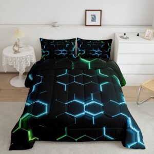 teal blue and black print comforter set hexagonal bedding set kids boys teens honeycomb decor comforter beehive geometric quilt set bedroom collection 3pcs full size