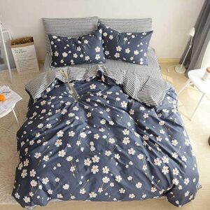 bulutu navy queen comforter cover with daisy queen duvet cover set floral pattern for girls 100% cotton comforter cover for teens,girls,ultra soft breathable lightweight