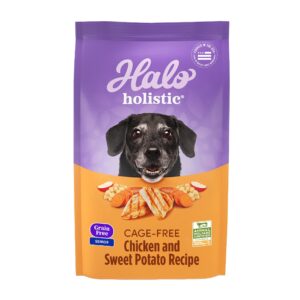 halo purely for pets holistic dog food, complete digestive health grain free cage-free chicken and sweet potato recipe, dry dog food bag, senior formula, 3.5-lb bag