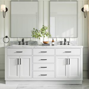 dkb isabella double vanity 73" white with 1.5" edge italian carrara marble countertop & splash, rectangular sinks, 4 soft closing doors, 6 full extension dovetail drawers, toe kick, matte black