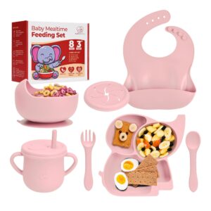 complete silicone baby feeding set - 6+ months food grade baby feeding essentials | silicone bibs, baby bowls and plates, 3 in 1 baby sippy cup, spoons and fork set | free of bpa/pvc/lead/phthalate