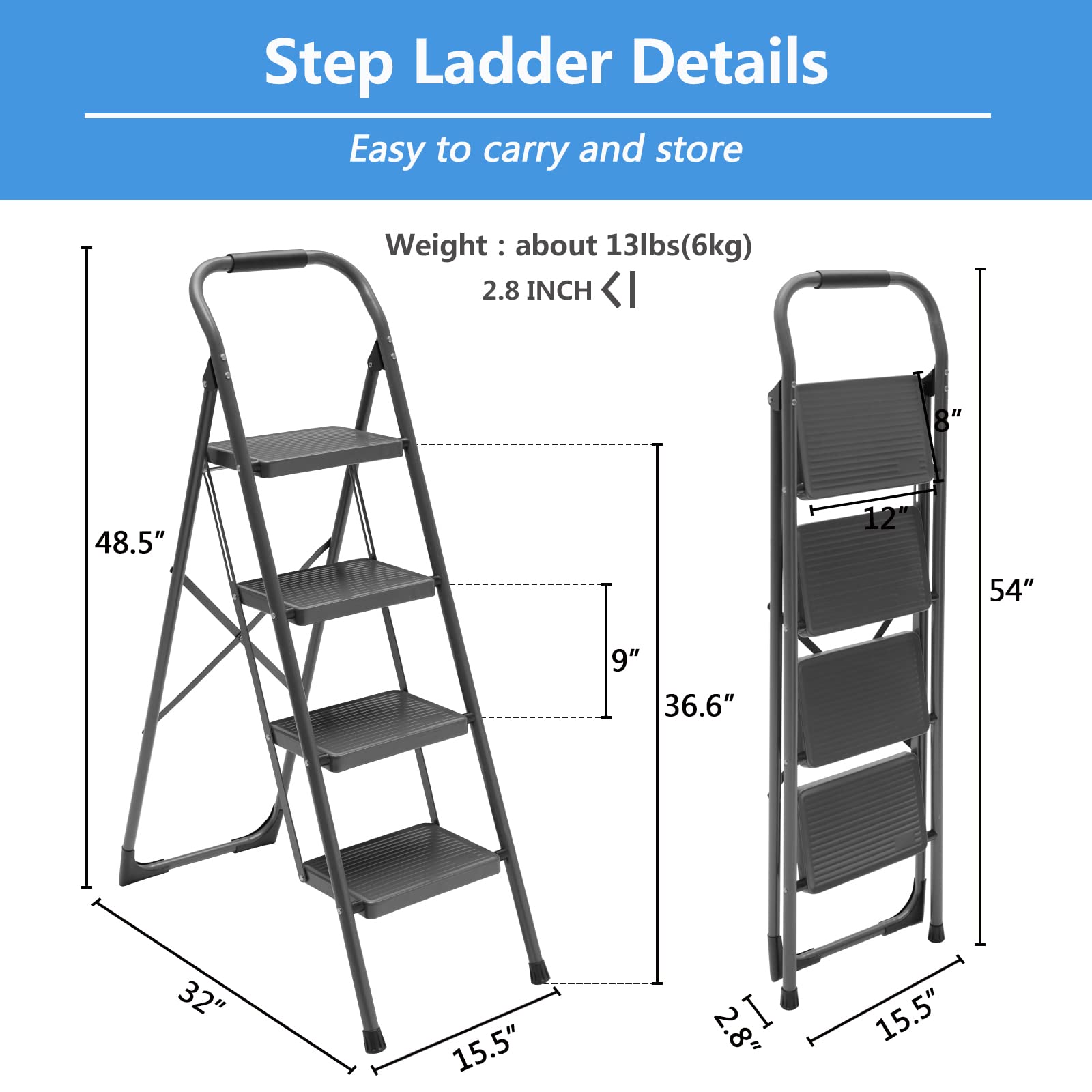 4 Step Ladder, Alohappy Folding Step Stool with Wide Anti-Slip Pedal, 500 lbs Sturdy Steel Ladder with Handgrip, Lightweight Portable Steel Step Stool for Household, Kitchen, Office Step Ladder (Grey)