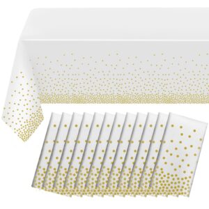 12 pack white and gold dot plastic tablecloth, gold stamping dot confetti rectangle plastic disposable tablecloth for birthday wedding baby shower engagement anniversary party decorations, 54x108 inch