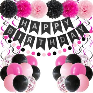 ansomo pink and black happy birthday party decorations for girls women banner hot pink balloons pom poms swirls décor supplies 13th 16th 18th 20th 30th 40th 50th 60th 70th 80th