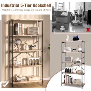 Tangkula 5-Tier Bookcase, Rustic Industrial Bookshelf, Decor Accent Display for Home, Office, Living Room, Bedroom, Wood Shelves w/Metal X-Shaped Frame, Display Bookshelf (Grey)