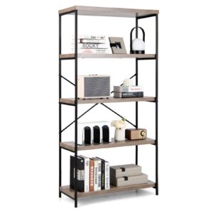 tangkula 5-tier bookcase, rustic industrial bookshelf, decor accent display for home, office, living room, bedroom, wood shelves w/metal x-shaped frame, display bookshelf (grey)