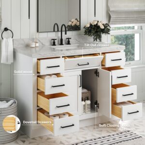 DKB Isabella Bathroom Vanity Base Cabinet 48" White, Single Sink Configuration, 2 Soft Closing Doors, 9 Full Extension Dovetail Drawers, Toe Kick, Matte Black