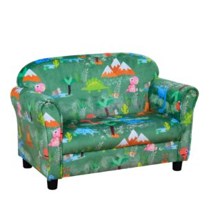 yoonnie room kid sofa chair,2-seater upholstered kid couch with dinosaur pattern velvet fabric for children gift(green)