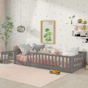 twin floor bed for kids, montessori bed frame with fence-shaped guardrails, support slats and door, wood floor twin bed for kids,toddler,boys girls, no box spring needed(gray, twin bed frame)