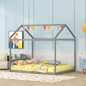 harper & bright designs queen size house bed frame,wooden montessori bed queen bed frame with headboard, kids floor bed for girls boys bedroom furniture, no box spring needed,grey