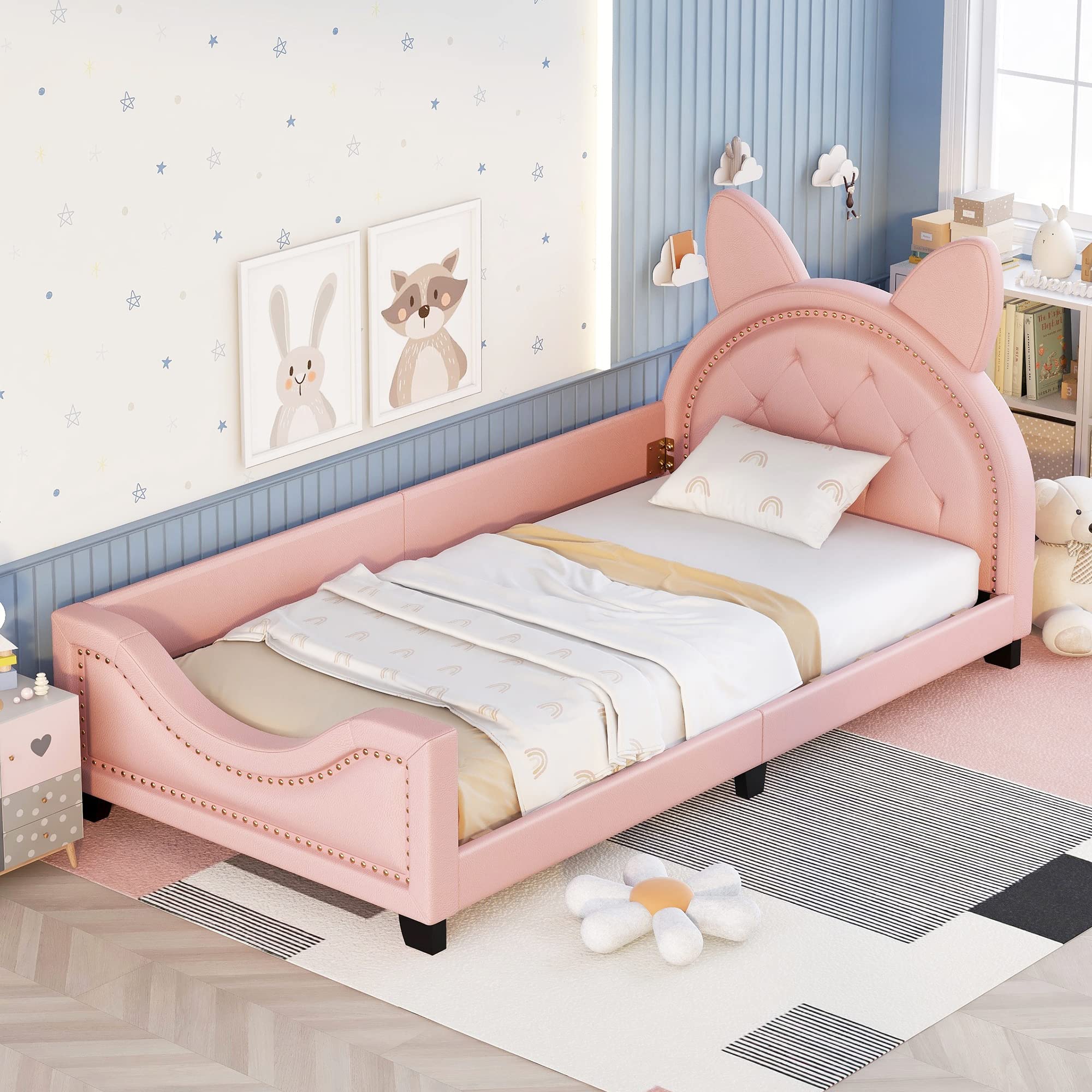 Aiuyesuo Leather Upholstered Tufted Daybed with Carton Ears Shaped Headboard, Wooden Twin Size Low Profile Captain's Sofa Bed Frame for Kids Boys Girls Bedroom, Living Room (Pink-TH1123)