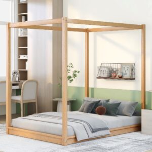 mwrouqfur 4-poster king size canopy floor bed frame, morden wood low profile platform beds with wooden slats support, no box spring needed (natural)