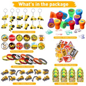 Construction Party Favors Construction Theme Birthday Party Supplies Mini Construction Vehicles Toy Rubber Bracelet Keychain Stamper Button Pin Truck Stickers Bags for Birthday Party Gift (12 Sets)