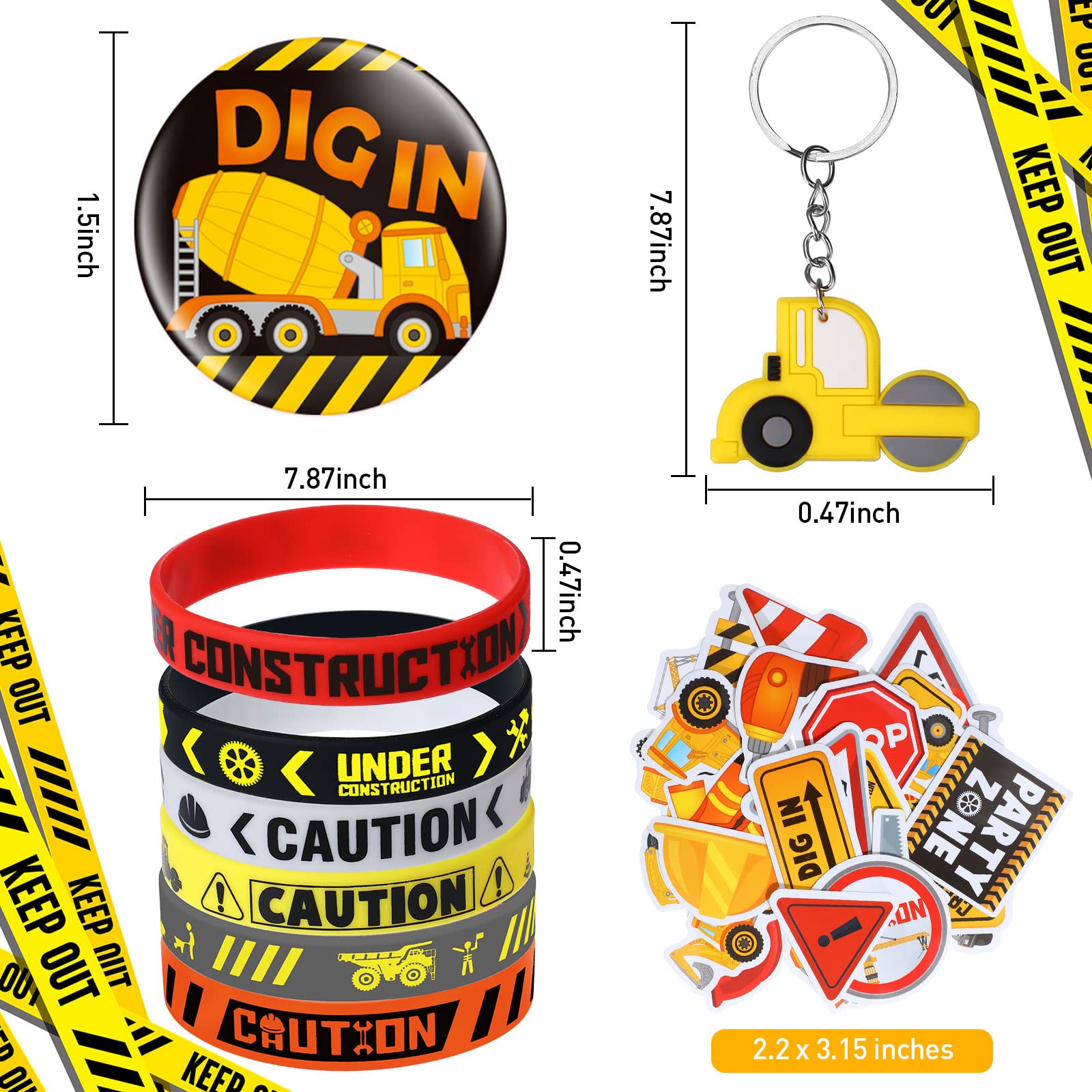 Construction Party Favors Construction Theme Birthday Party Supplies Mini Construction Vehicles Toy Rubber Bracelet Keychain Stamper Button Pin Truck Stickers Bags for Birthday Party Gift (12 Sets)